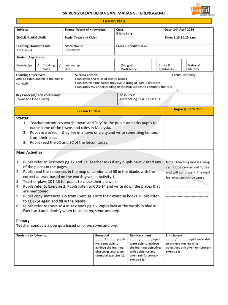 Lesson Plan English | PDF | Teachers | Learning