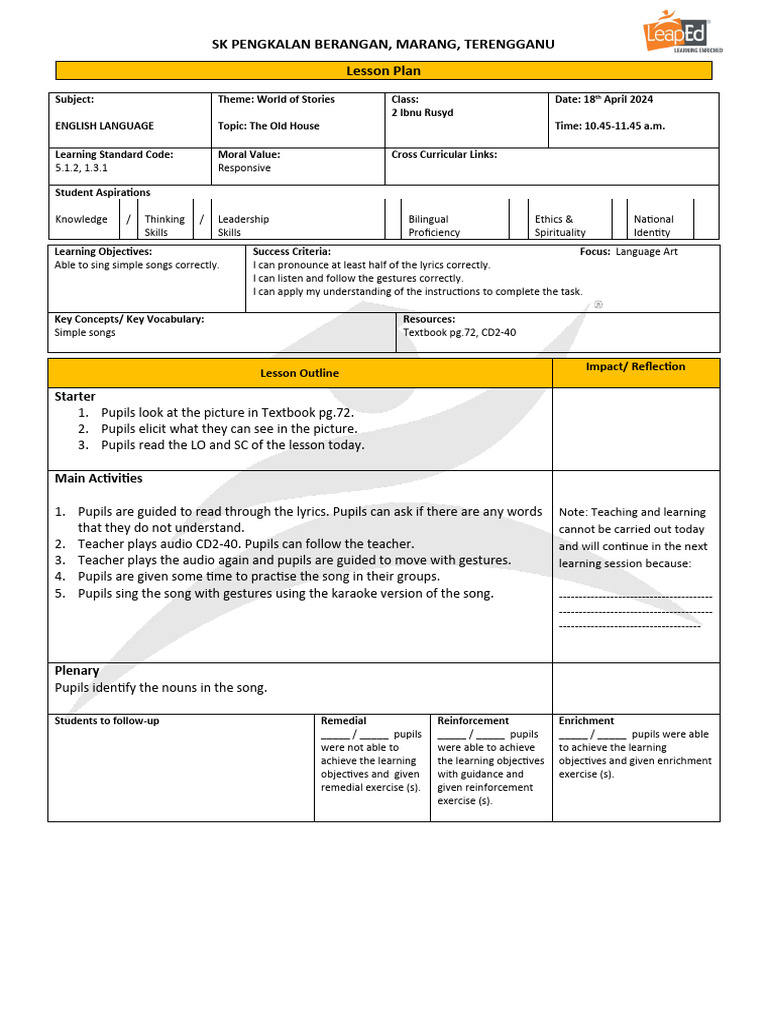 Lesson Plan English | PDF | Teachers | Lesson Plan