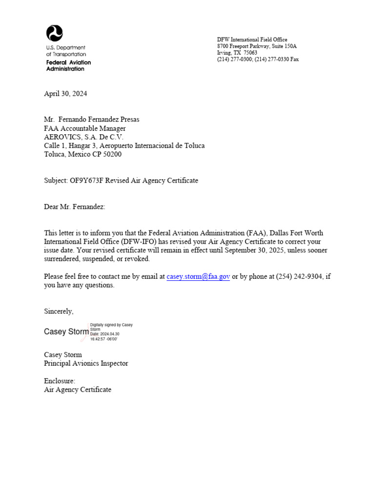 FAA OF9Y Revised Certificate Letter | PDF