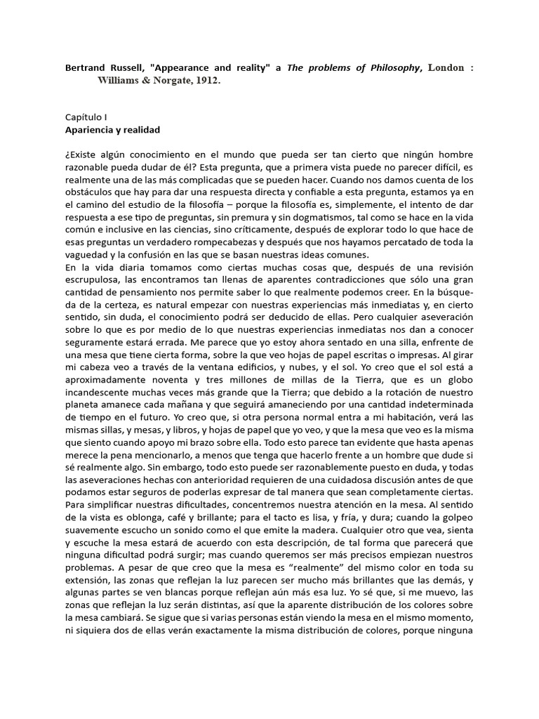 Russell, Aparença I Realitat | PDF | Mente | Existencia Russell, Aparença I Realitat | PDF | Mente | Existencia