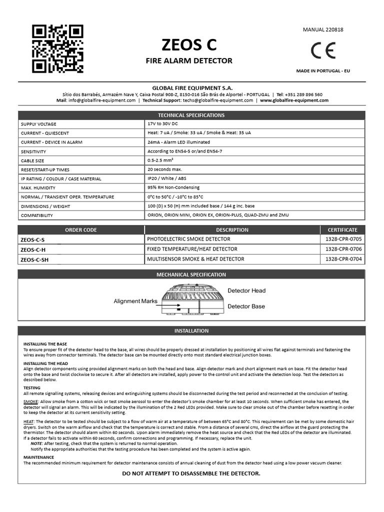 ZEOS C Smoke Detector Manual | PDF | Smoke | Sensor