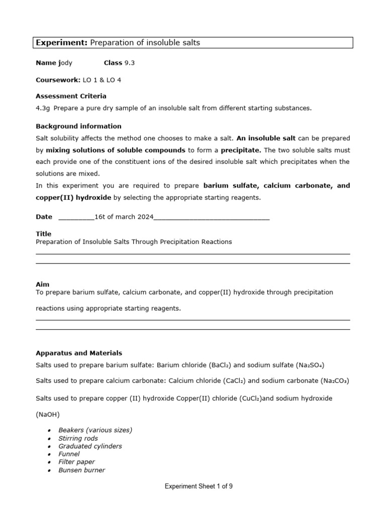 Preparing Insoluble Salts via Precipitation | PDF | Precipitation ...