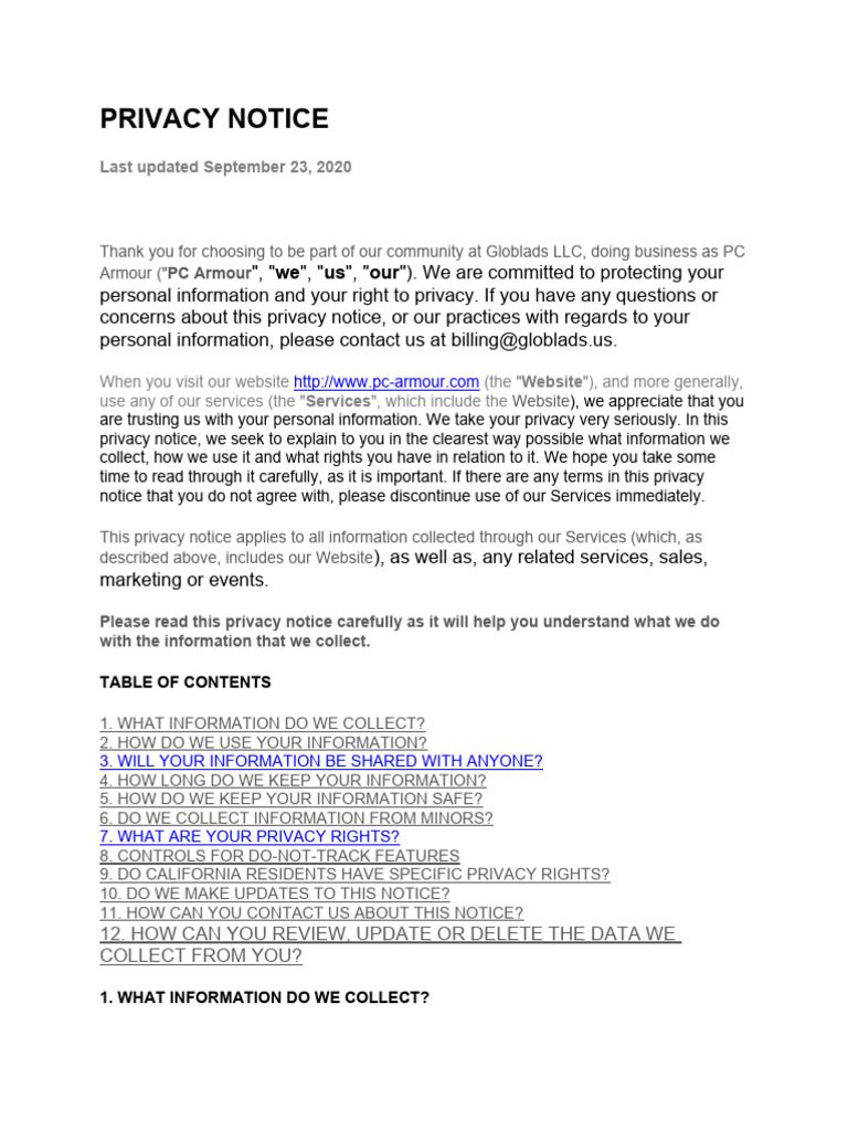 PC Armour PRIVACY NOTICE | Download Free PDF | Information | Privacy