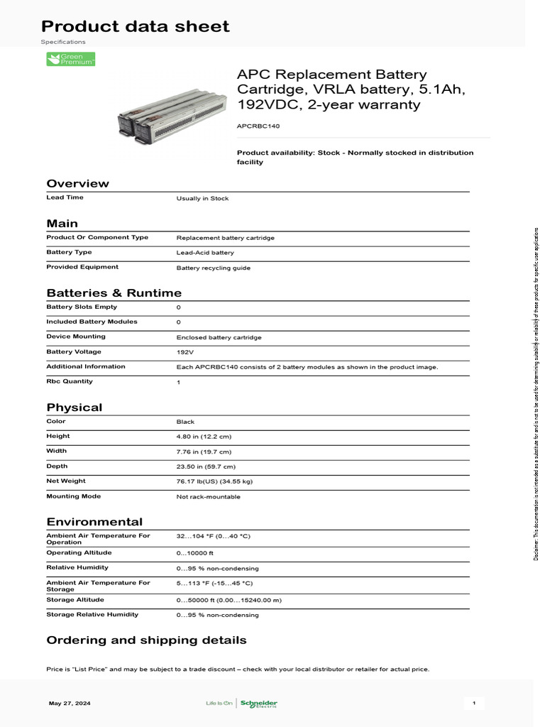 APCRBC140 Replacement Battery Specs | PDF
