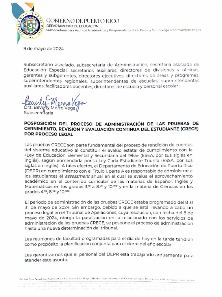 Posposición Del Proceso de Administración de Las Pruebas de Cernimiento ...
