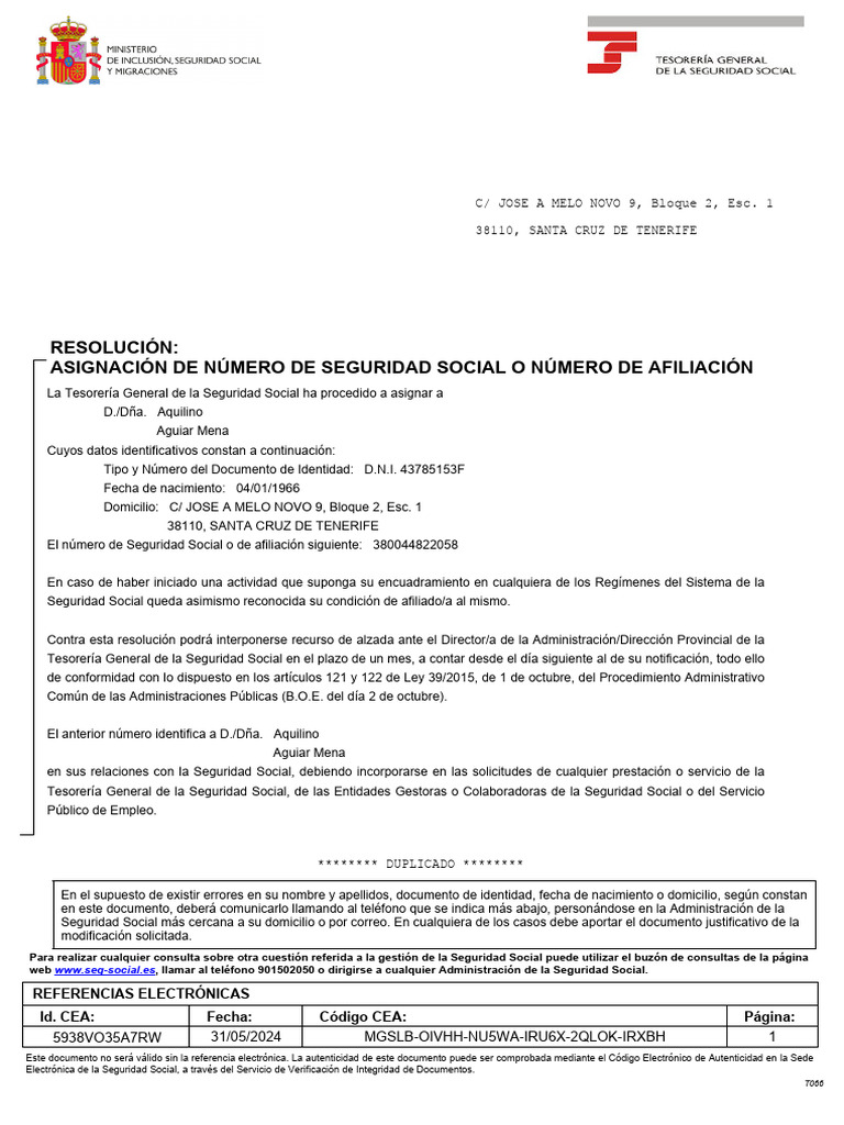 Acreditación de Tener Número de La Seguridad Social | PDF | Documento de identidad