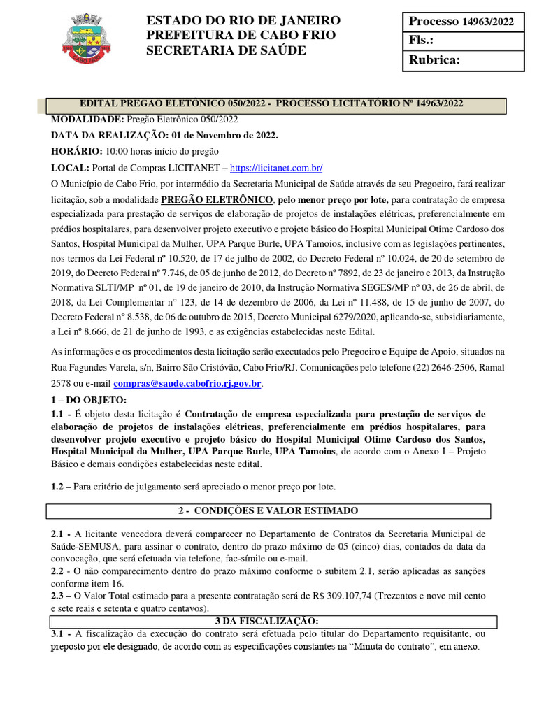 Edital Do Preg o Eletr Nico 050 2022 Processo 14963 2022 Projeto de El Trica Unidades | PDF ...