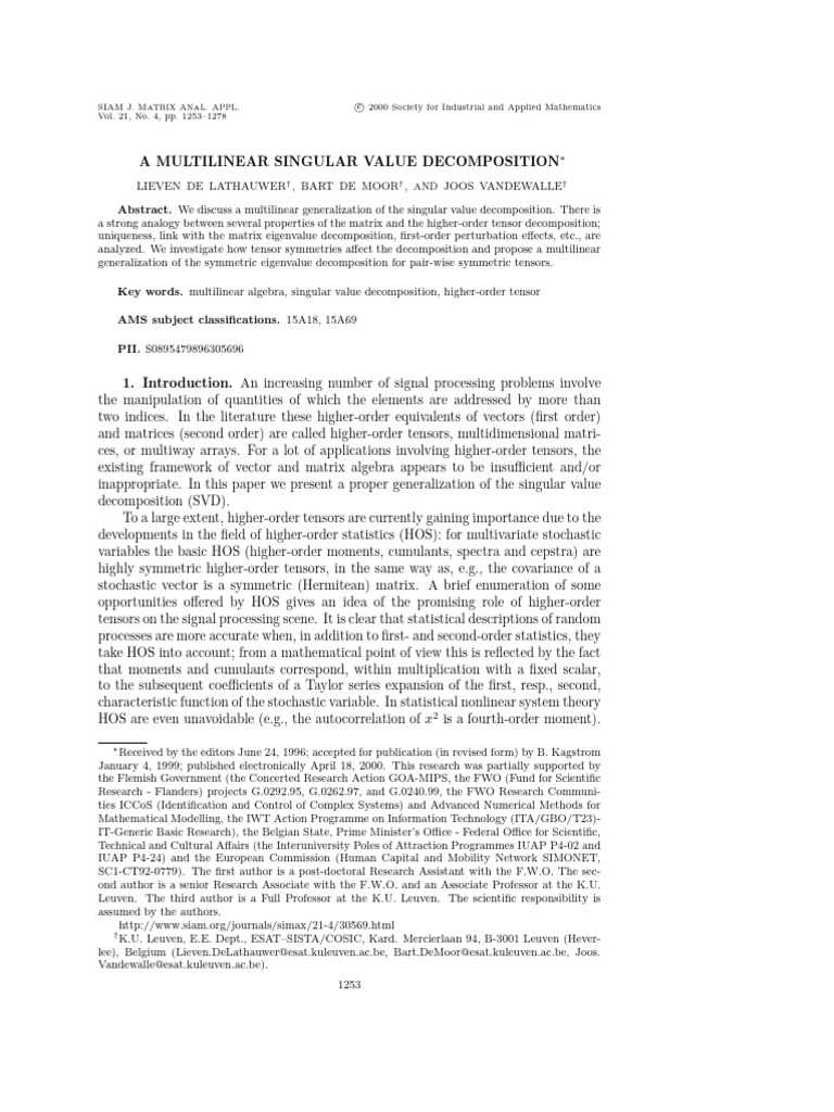 De - Lathauwer - 2000 - A MULTILINEAR SINGULAR VALUE DECOMPOSITION | PDF | Matrix (Mathematics ...