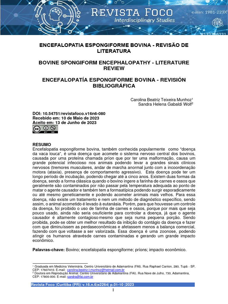 Encefalopatia Espongiforme Bovina: Revisão | PDF | Biologia | Ciências ...