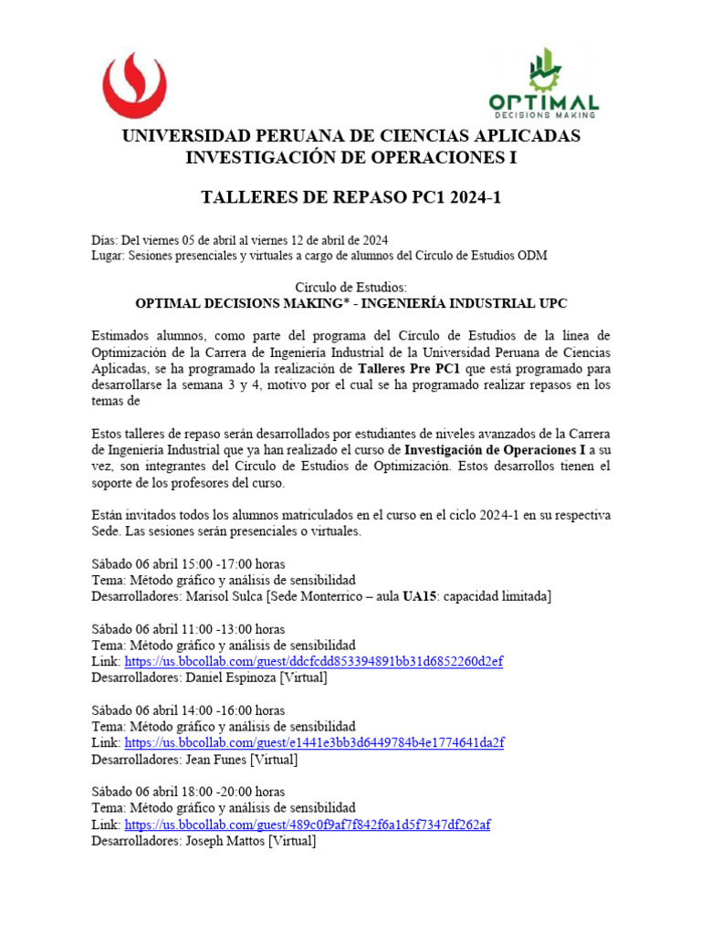 Talleres de Repaso PC1 IOP1 OPTIMIZACIÓN 2024 1 | PDF | Arte | Tecnología