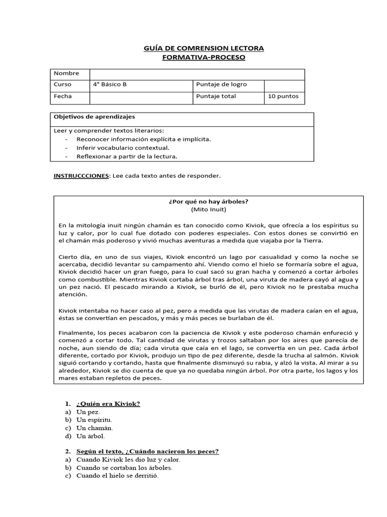 Guía de Comprensión Lectora 4° Básico | PDF