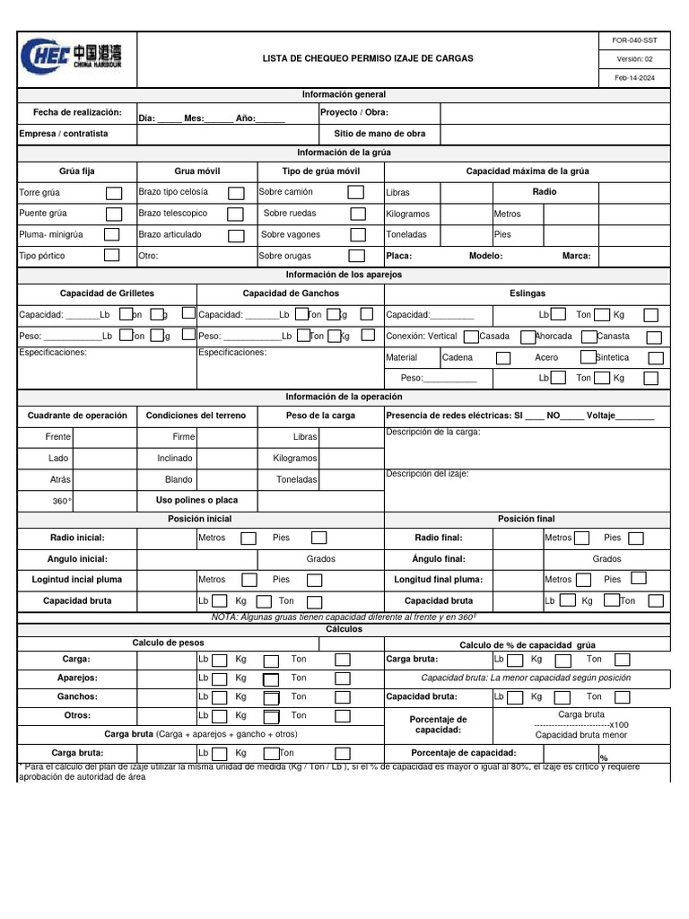 FOR-040-SST Lista de Chequeo Permiso de Izaje Cargas v2 | PDF | Grúa (máquina)
