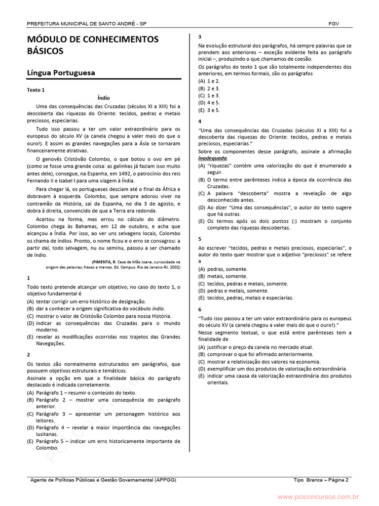 Prova FGV | PDF | Cristóvão Colombo | Era dos Descobrimentos