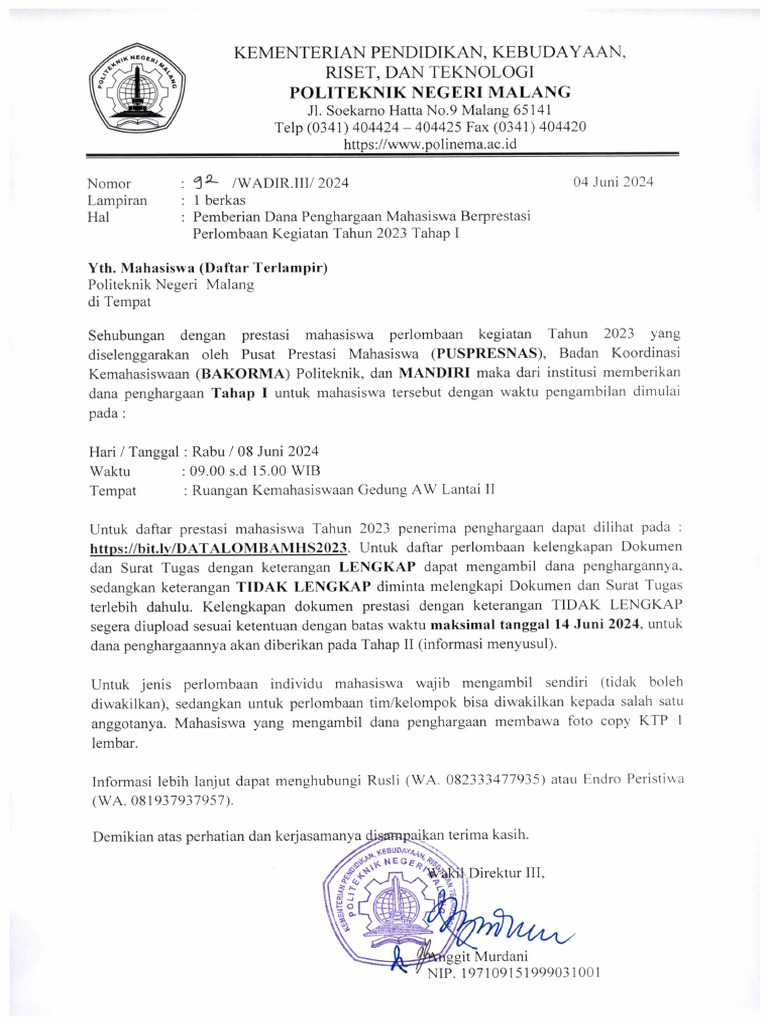 92.pemberian Dana Penghargaan Mhs Berprestasi Perlombaan TH 23 THP 1 | PDF