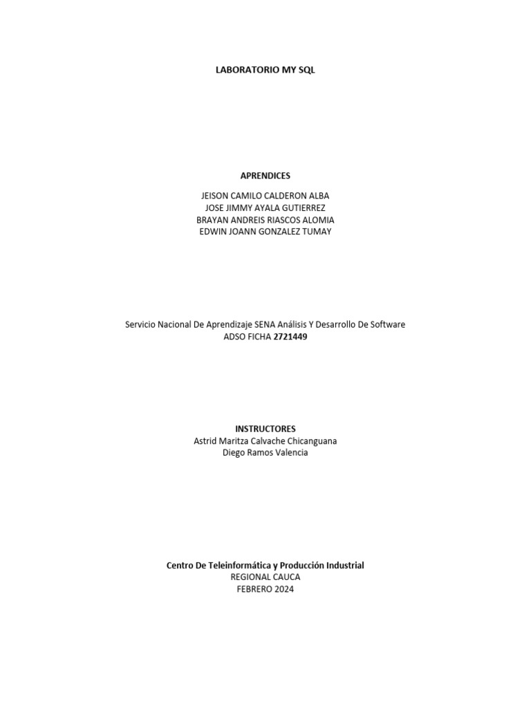 Base de Datos Mysql Laboratorio | PDF | Mi sql | Bases de datos