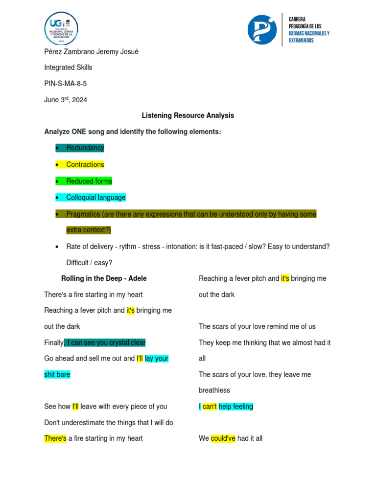 Adele Song Analysis: Listening Skills | PDF | Stress (Linguistics)