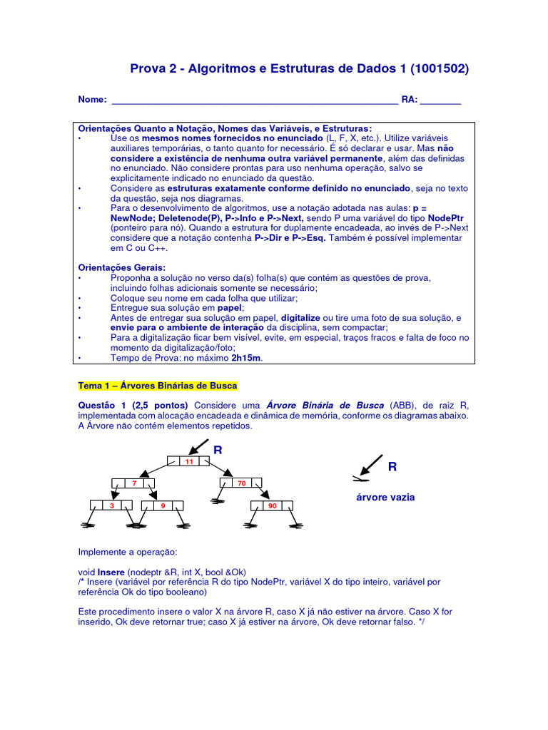 P2 Algoritmos e Estrutura de Dados 1 (Prof. Roberto Ferrari - UFSCar ...