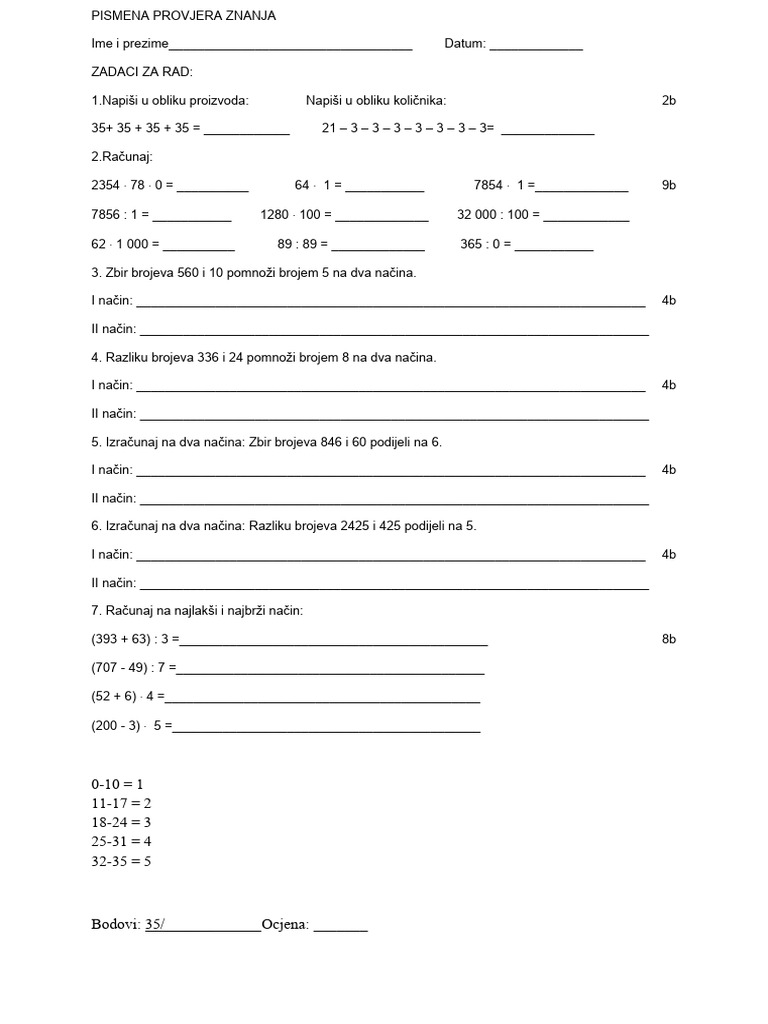 Pismena Provjera Znanja Iz Matematike | PDF