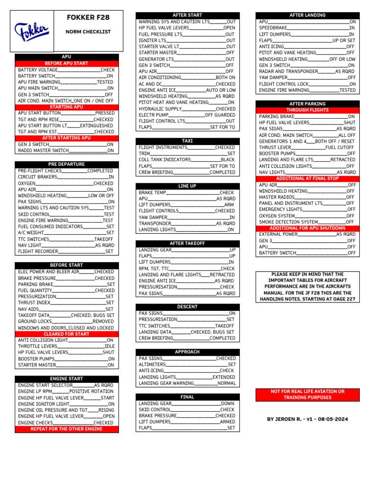 Fokker f28 Normal Checklist | PDF | Engines | Mechanical Engineering