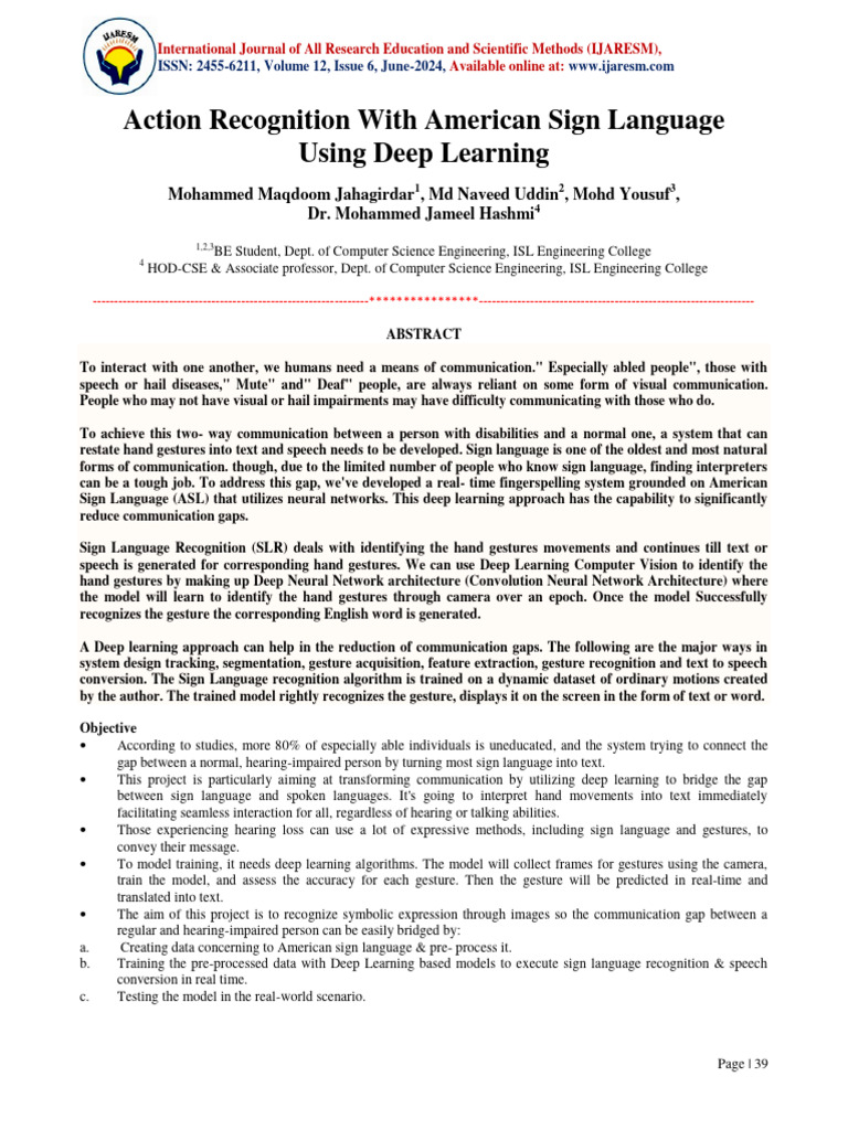 Mohammed Maqdoom Jahagirdarp2Yo | PDF | Sign Language | Deep Learning