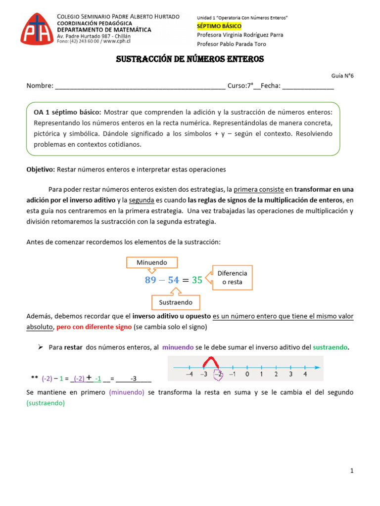 Sustracción de Números Enteros: Guía 7° | PDF | Sustracción | Entero