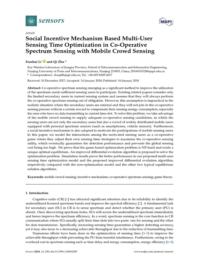 Social Incentive Mechanism Based Multi-User Sensing Time Optimization in Co-Operative Spectrum ...