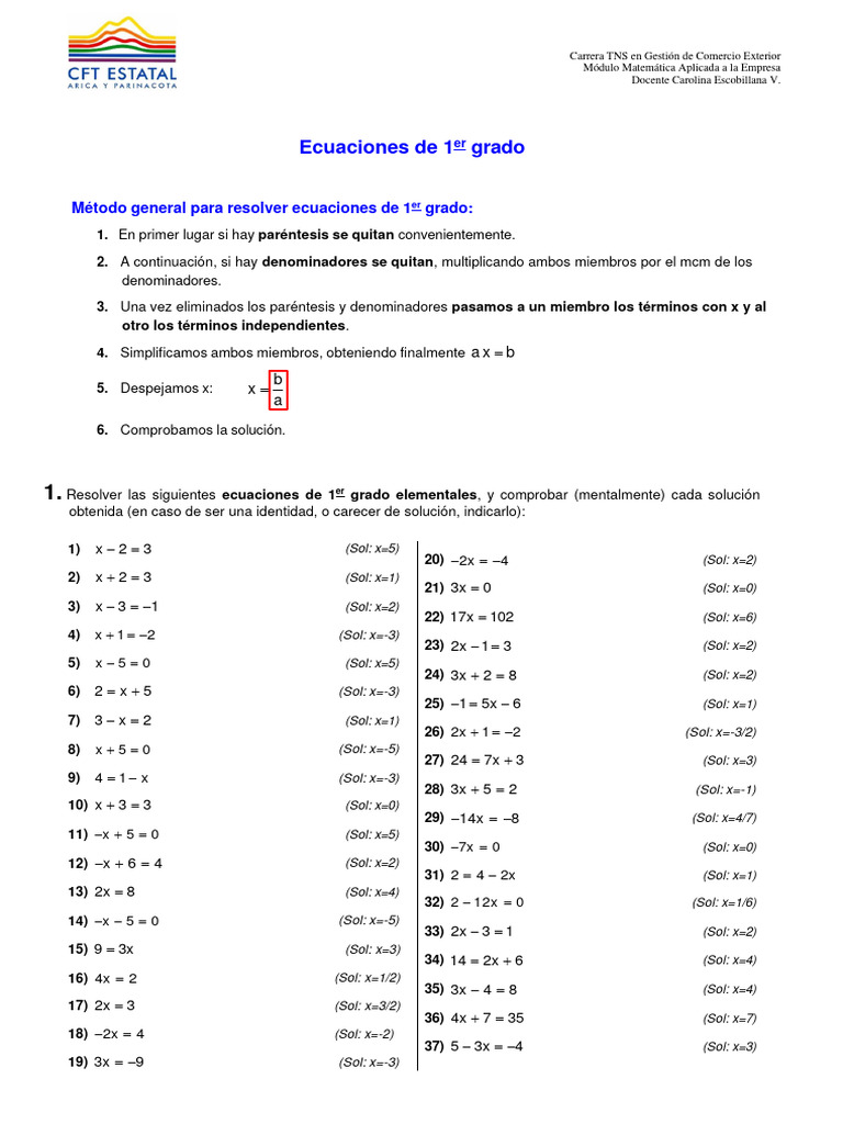 GUIA EJERCICIOS Ecuaciones Primer Grado CFT Estatal | PDF | Aritmética | Ecuaciones