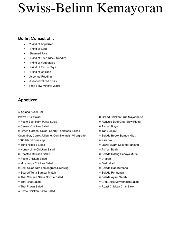 Buffet Menu Selection Swiss-Bell Hotel, Kemayoran | PDF | Thai Cuisine ...