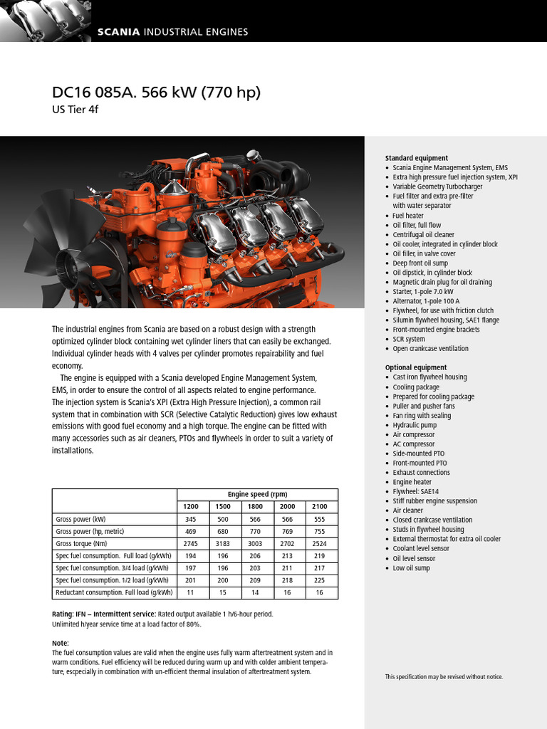 Scania DC16 085A Industrial Engine Specs | PDF | Engines | Piston
