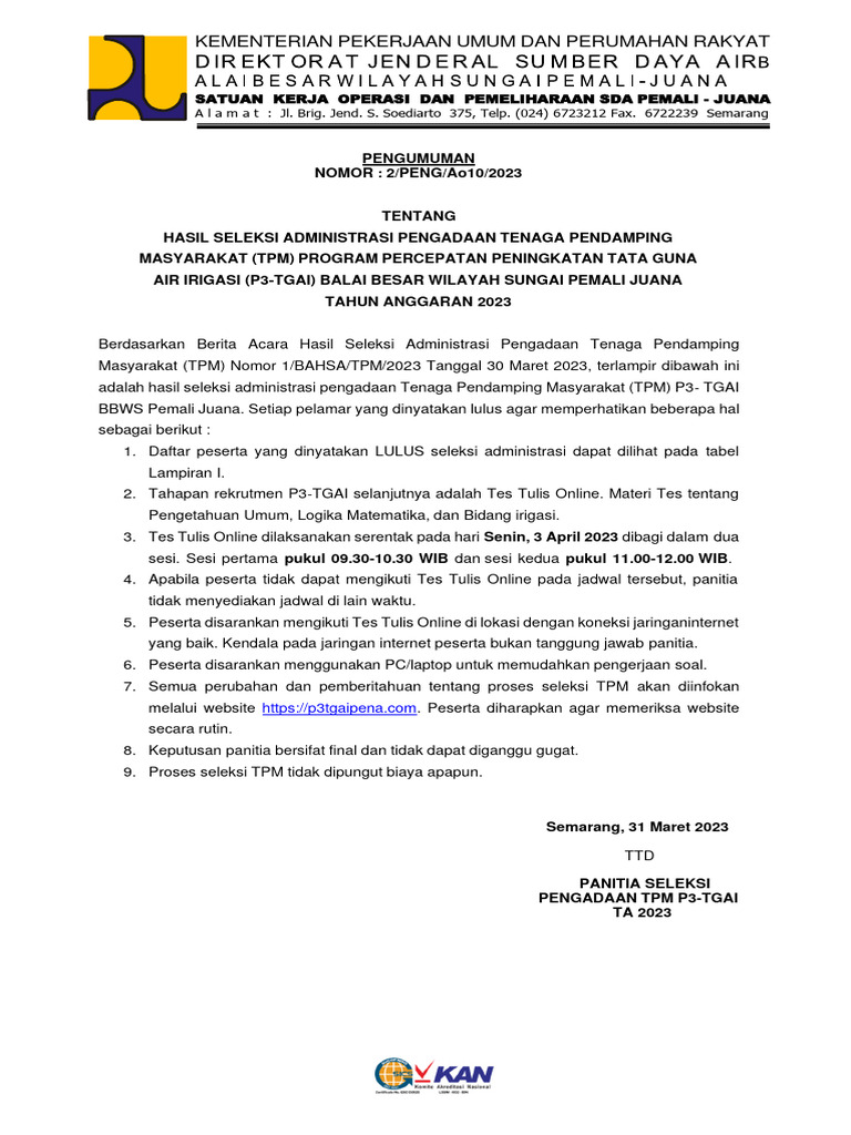 TPM 2023 Pengumuman Seleksi Adm-1 | PDF