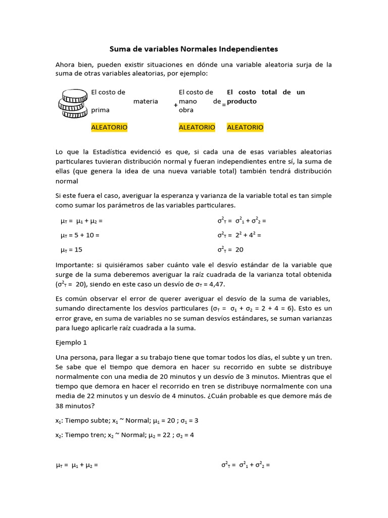 Suma de Variables | PDF | Distribución normal | Desviación Estándar