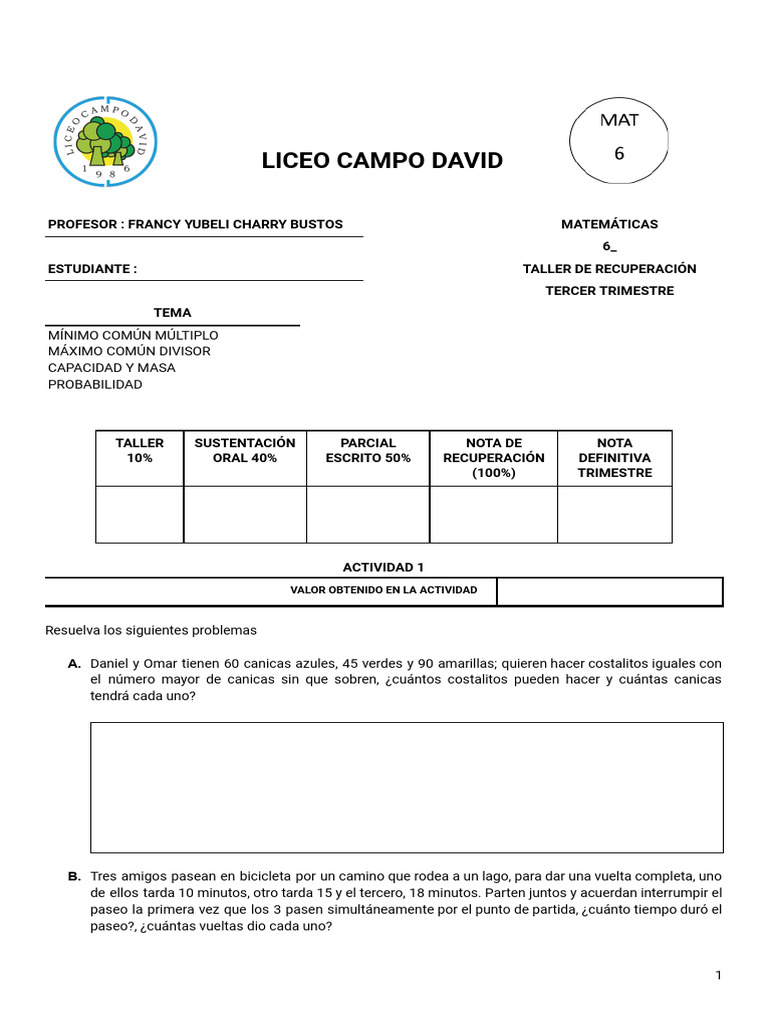 Taller de Recuperacion Matematicas | PDF | Matemáticas