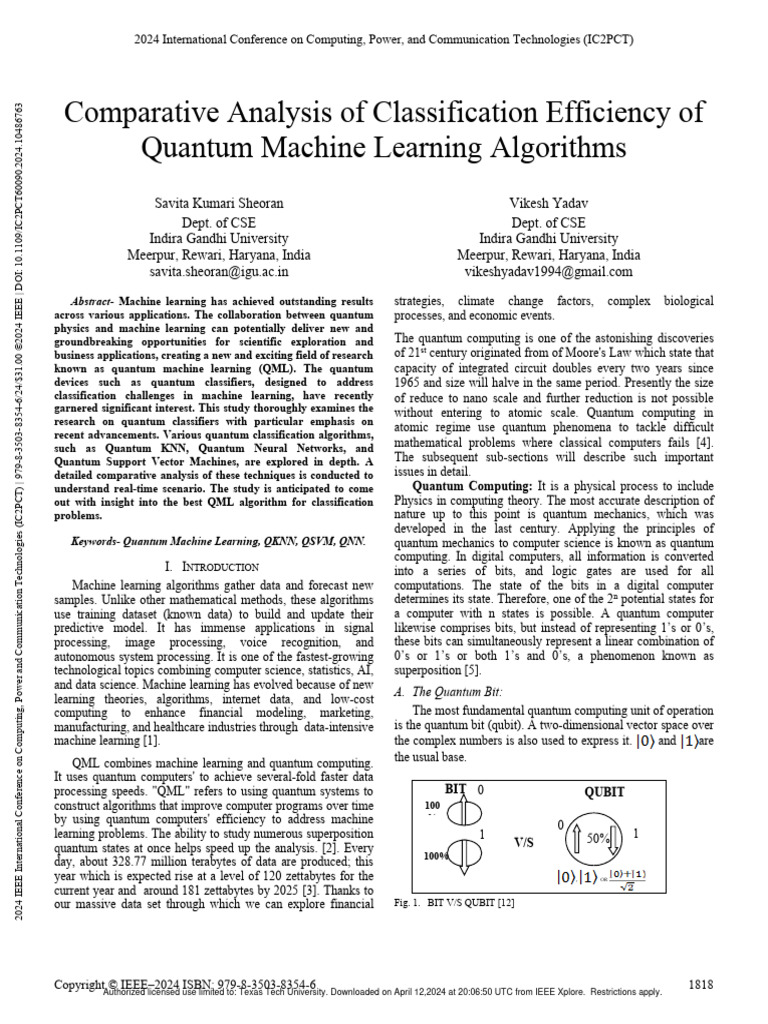 Comparative Analysis of Classification Efficiency of Quantum Machine Learning Algorithms | PDF ...