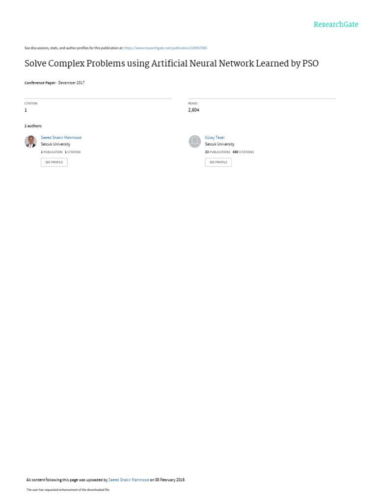 Solve Complex Problems using Artificial Neural Network Learned by PSO ... Solve Complex Problems using Artificial Neural Network Learned by PSO ...