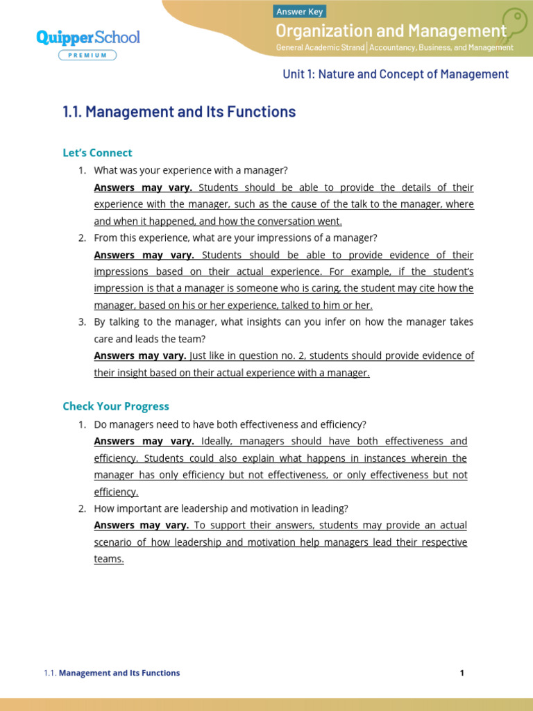 OAM 11 - Q1 - 0101 - AK - Management and Its Functions | PDF | Leadership | Experience
