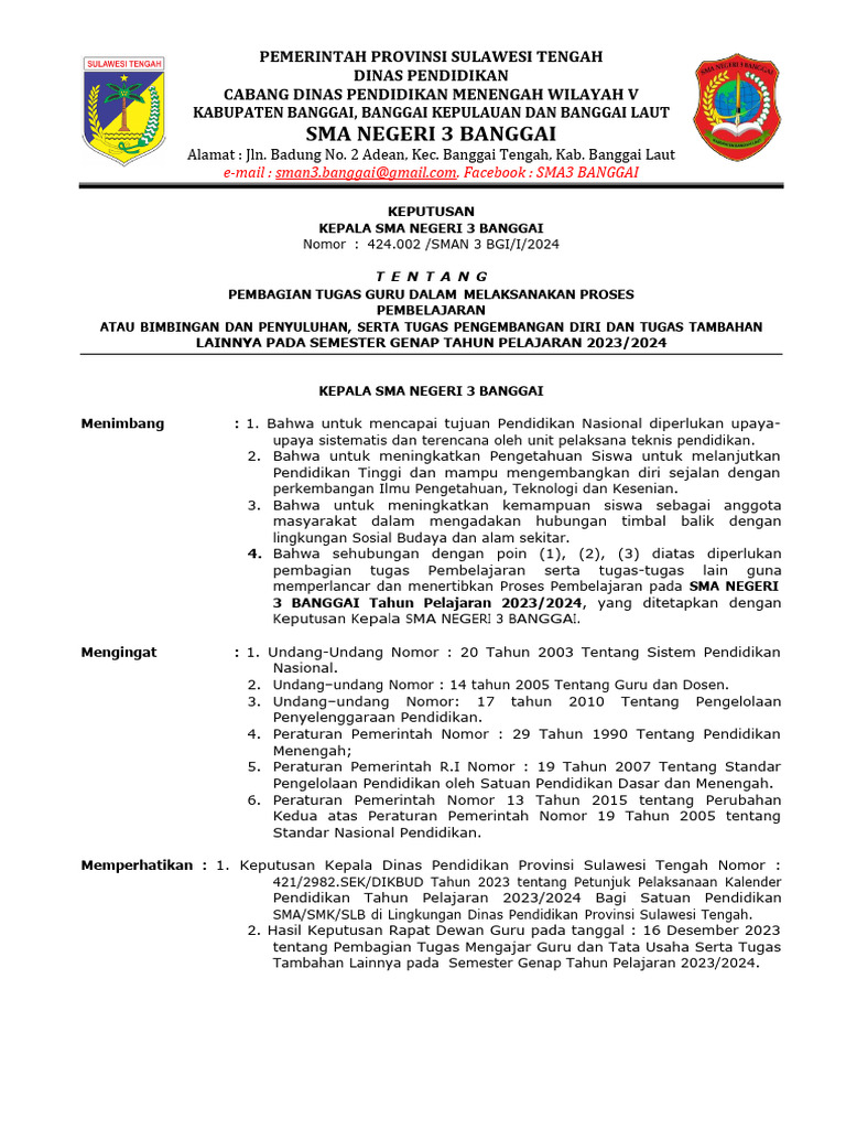 SK Pembagian Tugas Sem Genap 2023-2024 - Rev | PDF