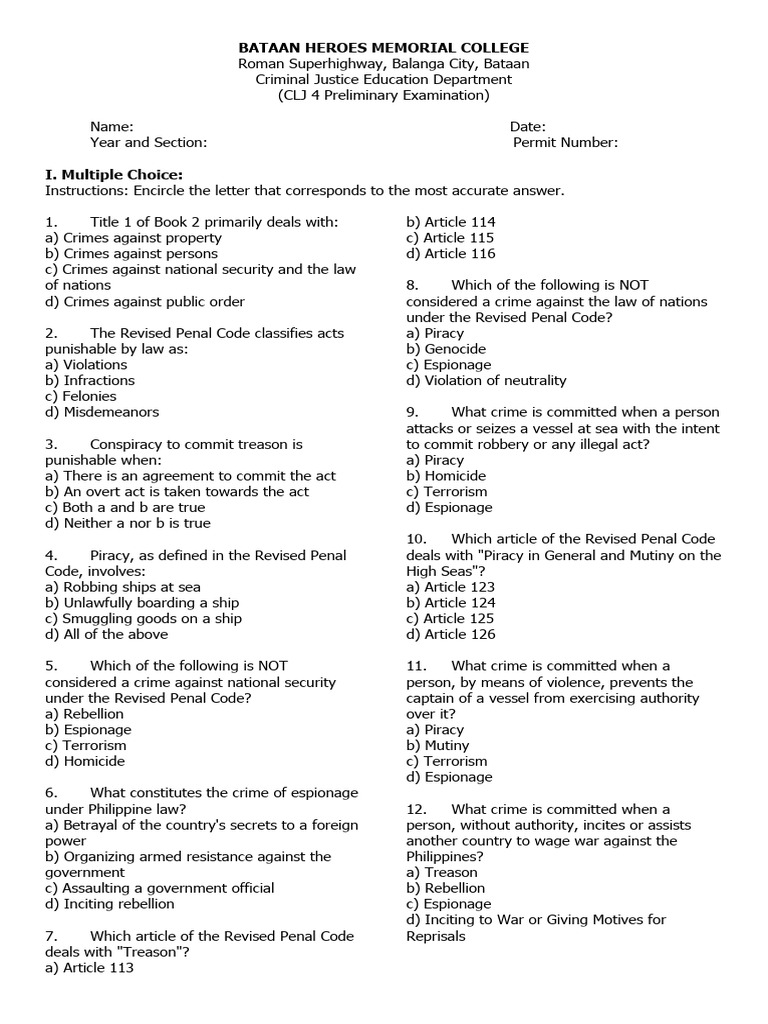 CLJ 4 Preliminary Examination | PDF | Treason | Crimes