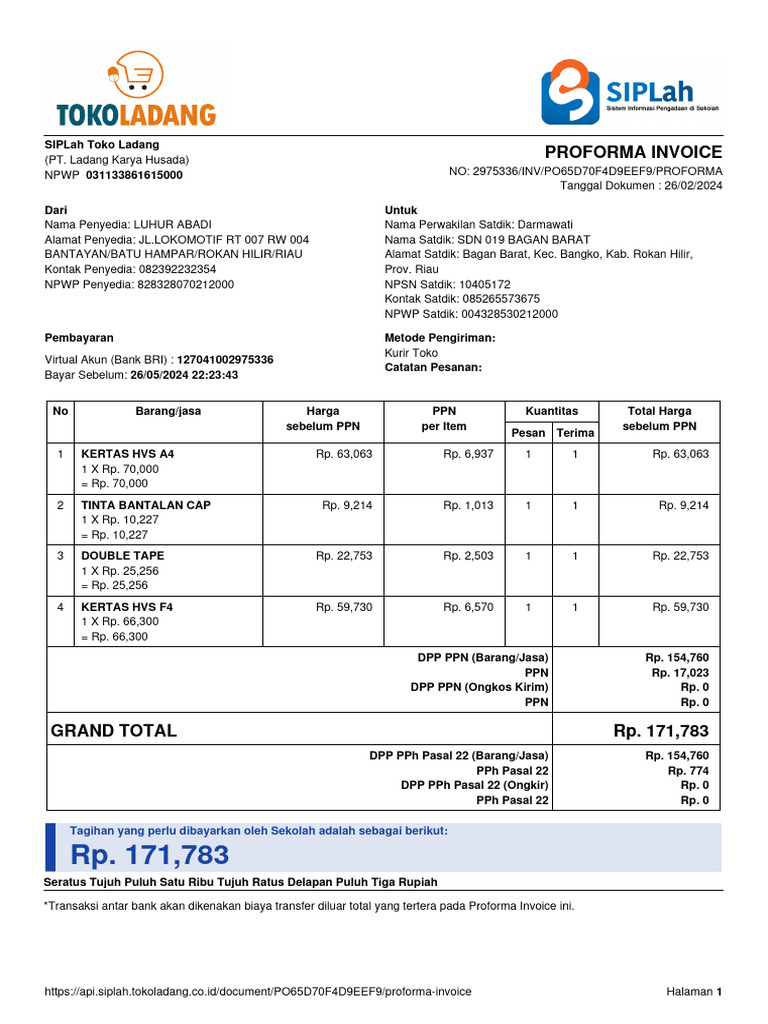 Proforma Invoice Toko Ladang Riau | PDF