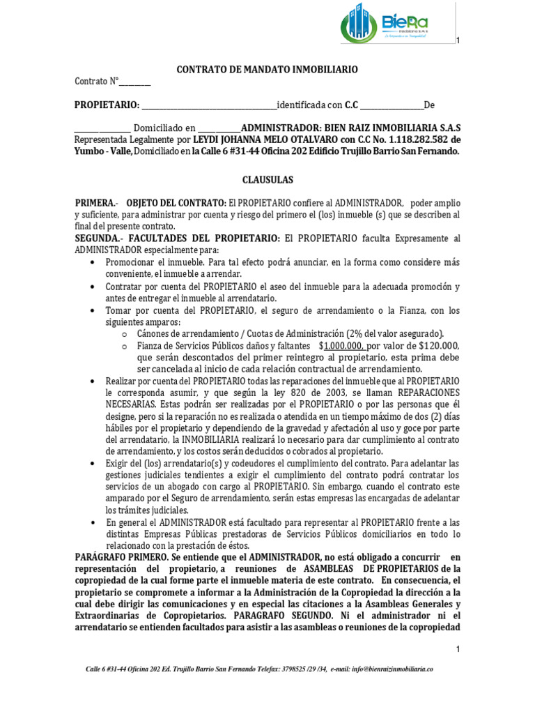 Mandato Inmobiliario Nuevo Marzo 2021 | Descargar gratis PDF | Seguro | Póliza de seguros