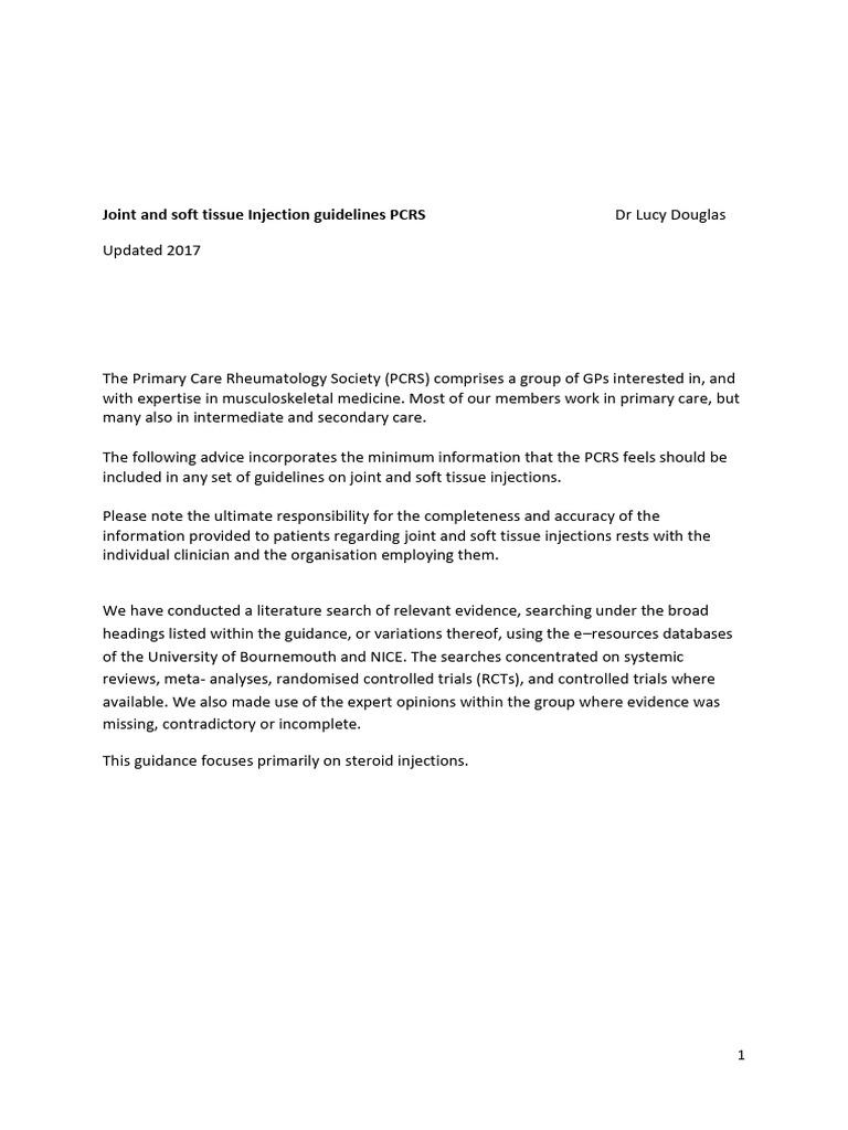 Joint and Soft Tissue Injection Guidelines PCRS | PDF | Medical ...