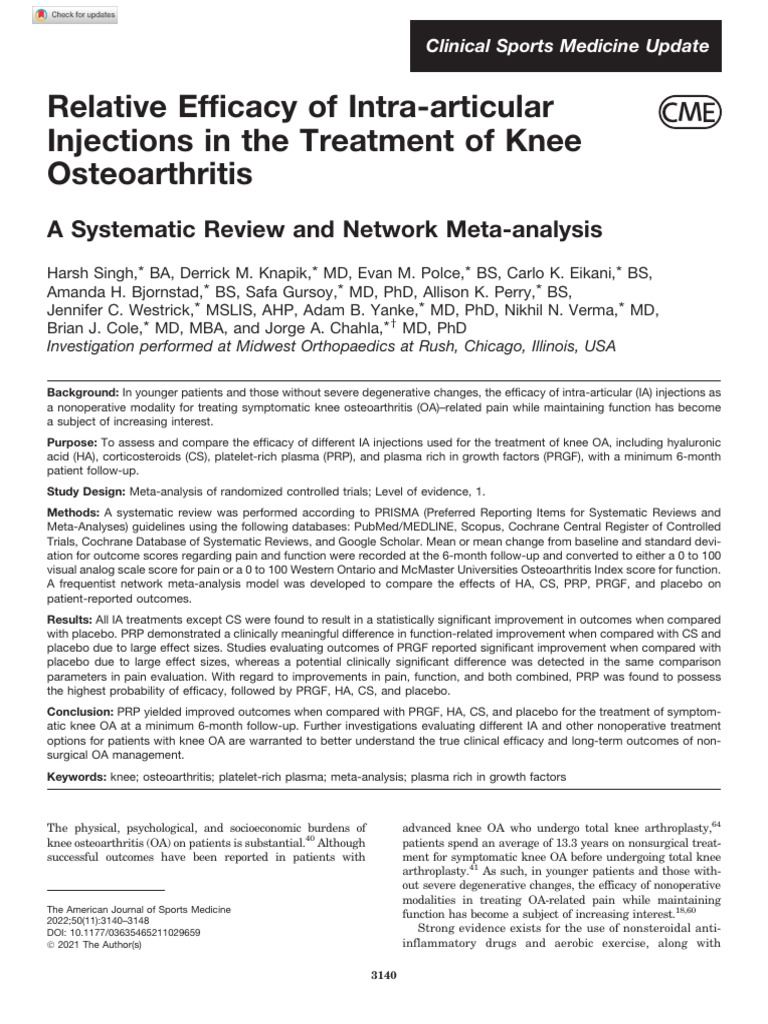 Relative Efficacy of Intra-Articular Injections in The Treatment of Knee Osteoarthritis | PDF ...
