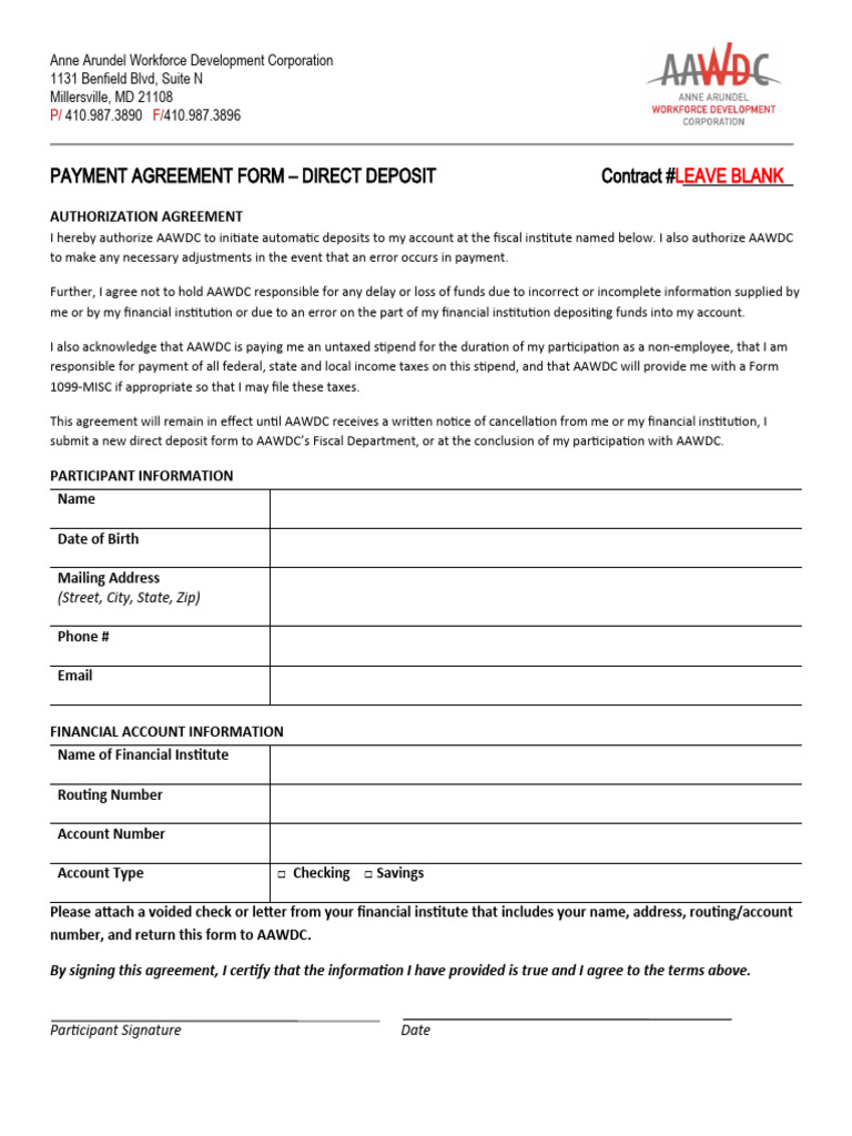 Blank Payment Agreement Form (Direct Deposit) | PDF | Finance & Money ...