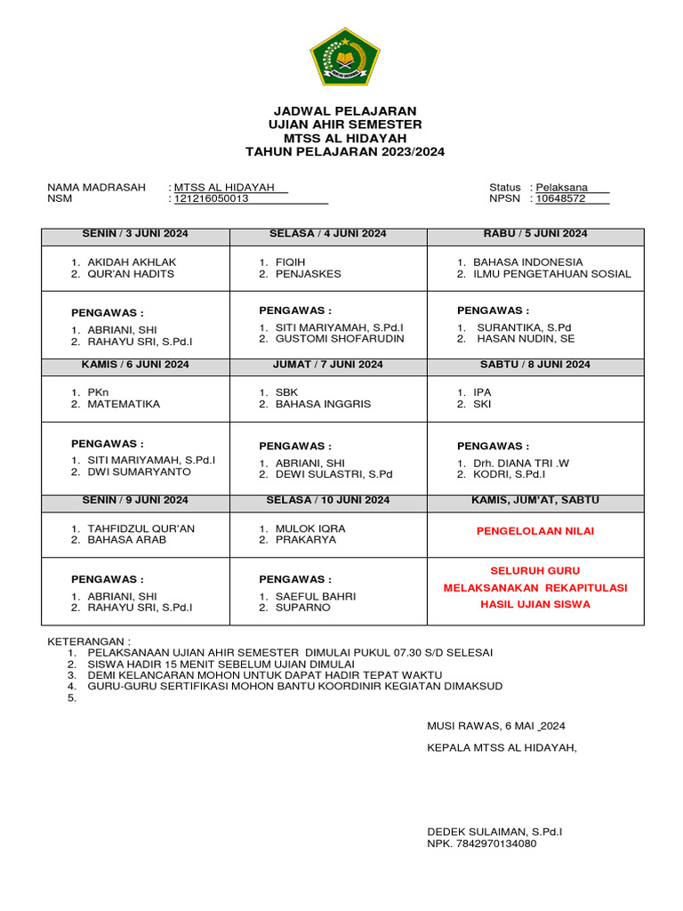 Jadwal Pelajaran Pengawas Ujian Semester 2024 | PDF