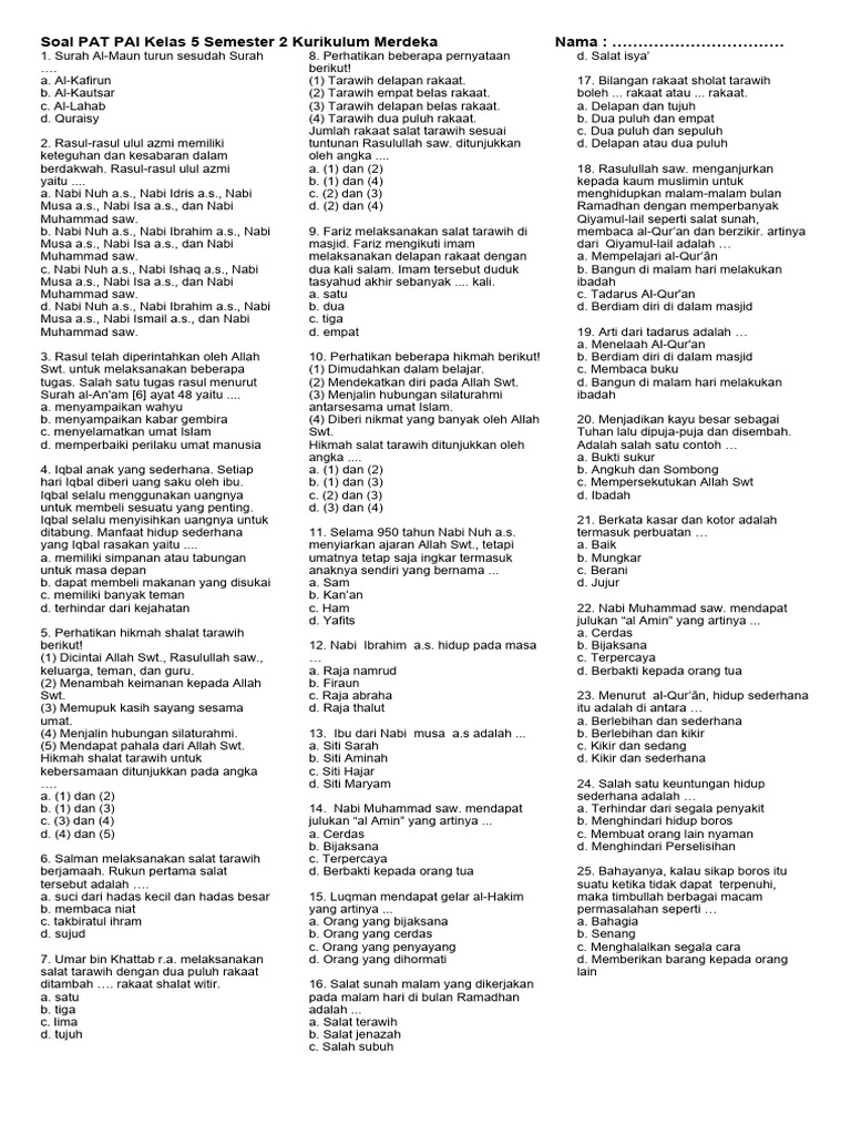 Soal PAT PAI Kelas 5 Semester 2 Kurikulum Merdeka | PDF