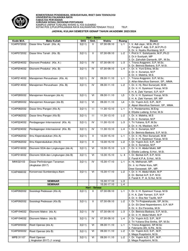 Jadwal Mata Kuliah Prodi Agribisnis, Semester Genap 2023-2024 (2!2!2024) | PDF