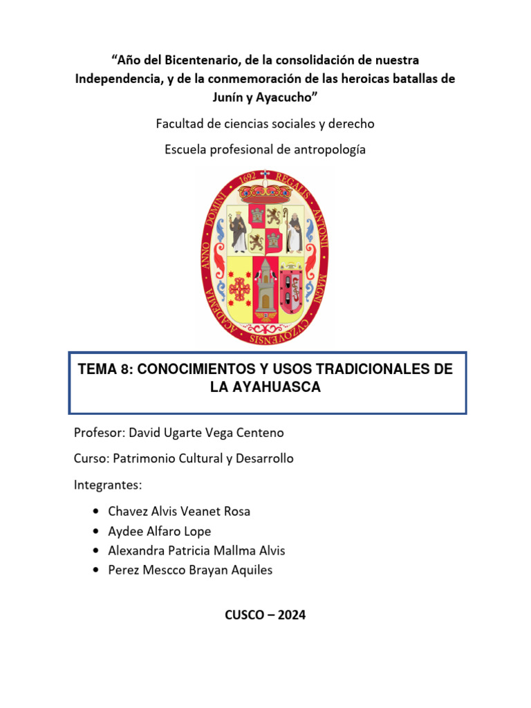 Grupo8 Usosdelayahuasca | PDF | Ayahuasca | Patrimonio cultural