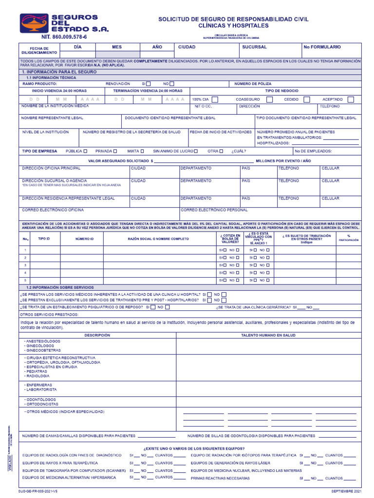 Solicitud de Seguro Responsabilidad Civil Clinicas y Hospitales 1.sus-Ge-Fr-005-2021-V5 | PDF ...