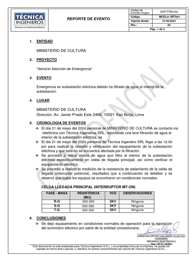 Uman - Frm-rpt001 - F Reporte de Evento Mincul | PDF | Subestacion electrica | Poder (Física)
