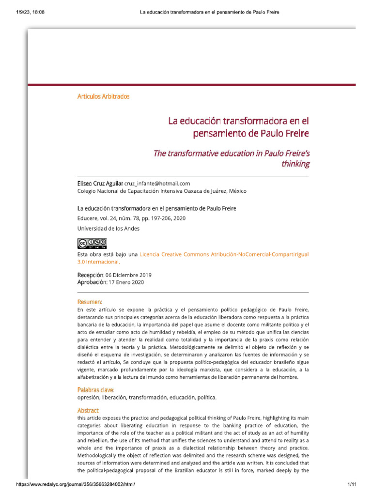 La educación transformadora en el pensamiento de Paulo Freire | PDF
