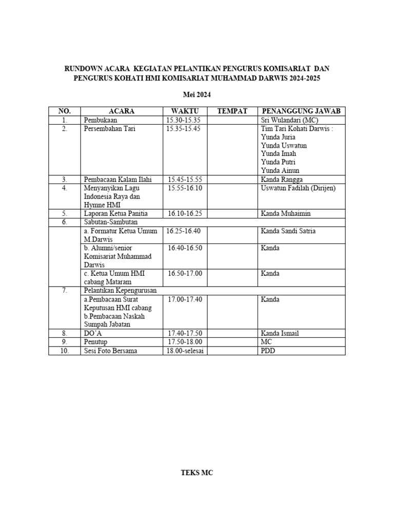 Rundown Acara Pelantikan Pengurus Darwis | PDF